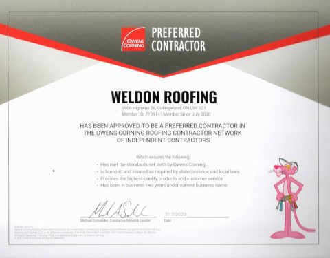 Owens Corning Preferred Contractor Certificate | Weldon Roofing